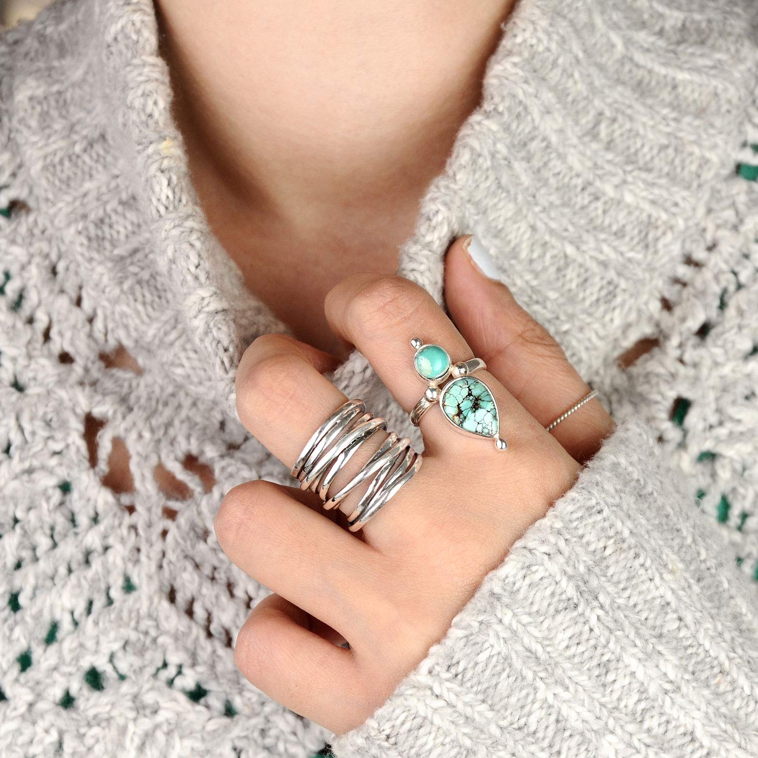 Boho-Magic 925 Sterling Silver Band Rings for Women Wide Wrap Statement Ring (7)