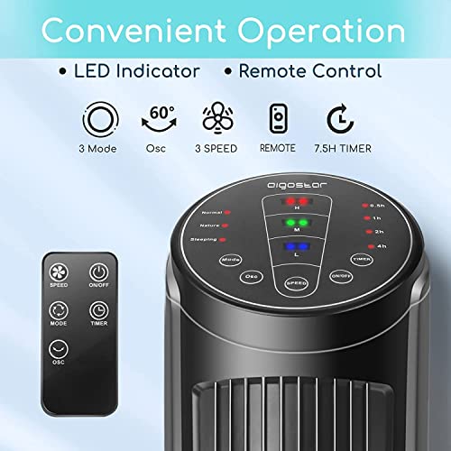 Tower Fan, 40β Oscillating Tower Fan with Remote Control, Electric Quiet Cooling Bladeless Fan 3 Wind Modes & Speeds, 7.5H Timer, Standing Floor Fan Portable for Home Bedroom Office, Black, Windy
