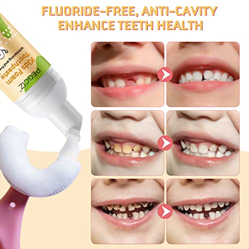 Foam Toothpaste Kids, Children Whitening Toothpaste with Low Fluoride & Natural Formula to Reduce Plaque, Toddler Foaming Toothpaste for U Shaped Toothbrush for Kids Ages 3 and Up (Strawberry&Orange)