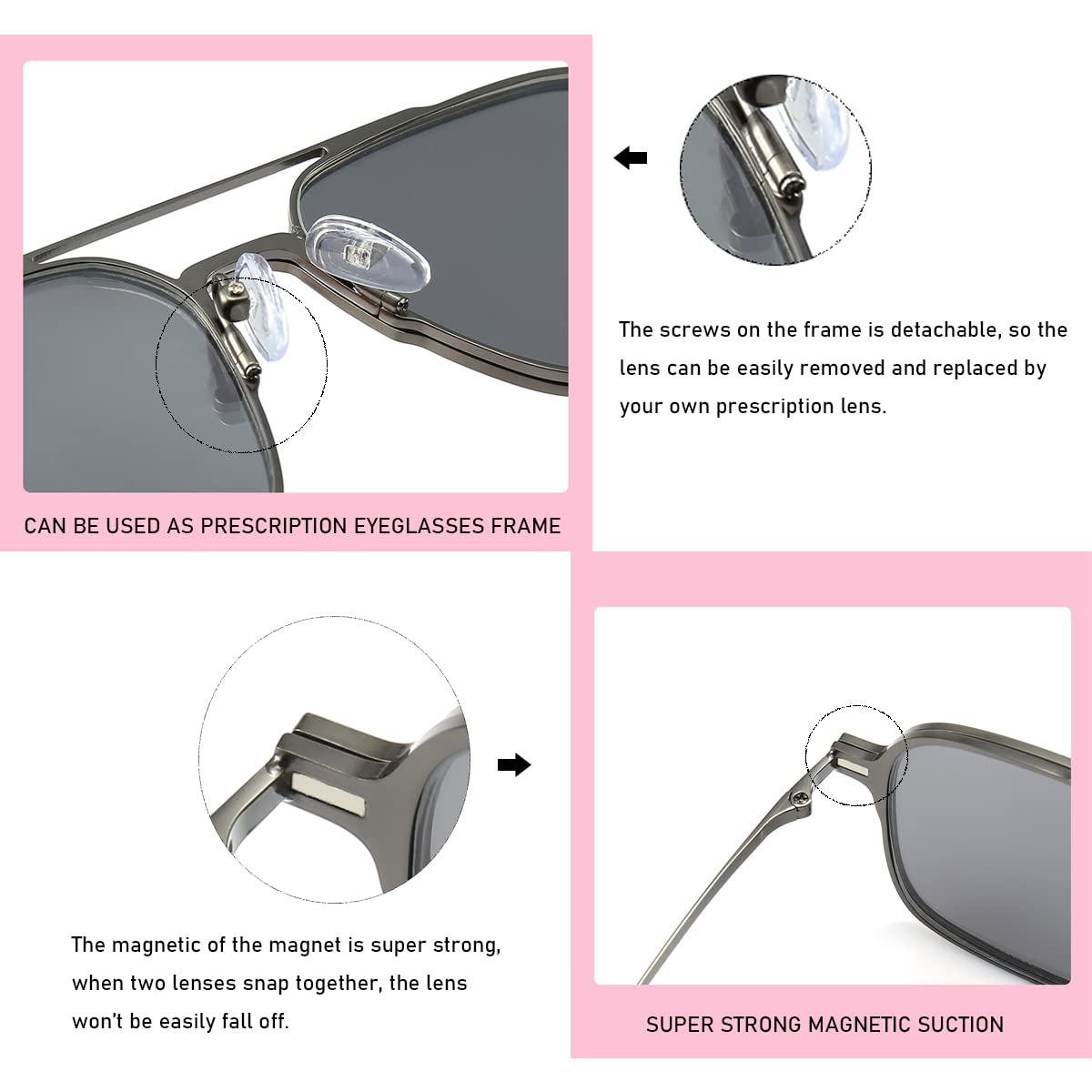 3PCS Magnetic Clip On Sunglasses for Men & Women Polarized UV Protection Retro Square Night Driving Glasses (Black)