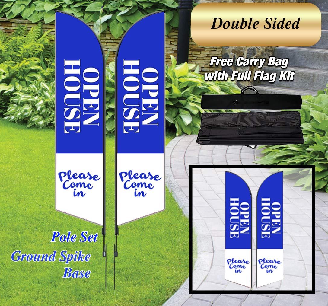 BannerBuzz Blade Flag “Open House, Please Come In”, 2' X 9.58' | 13' ft Long Graphic with Hardware Includes Aluminum Flag Pole & Ground Spike Base (Theme 2) (Double Side Print)