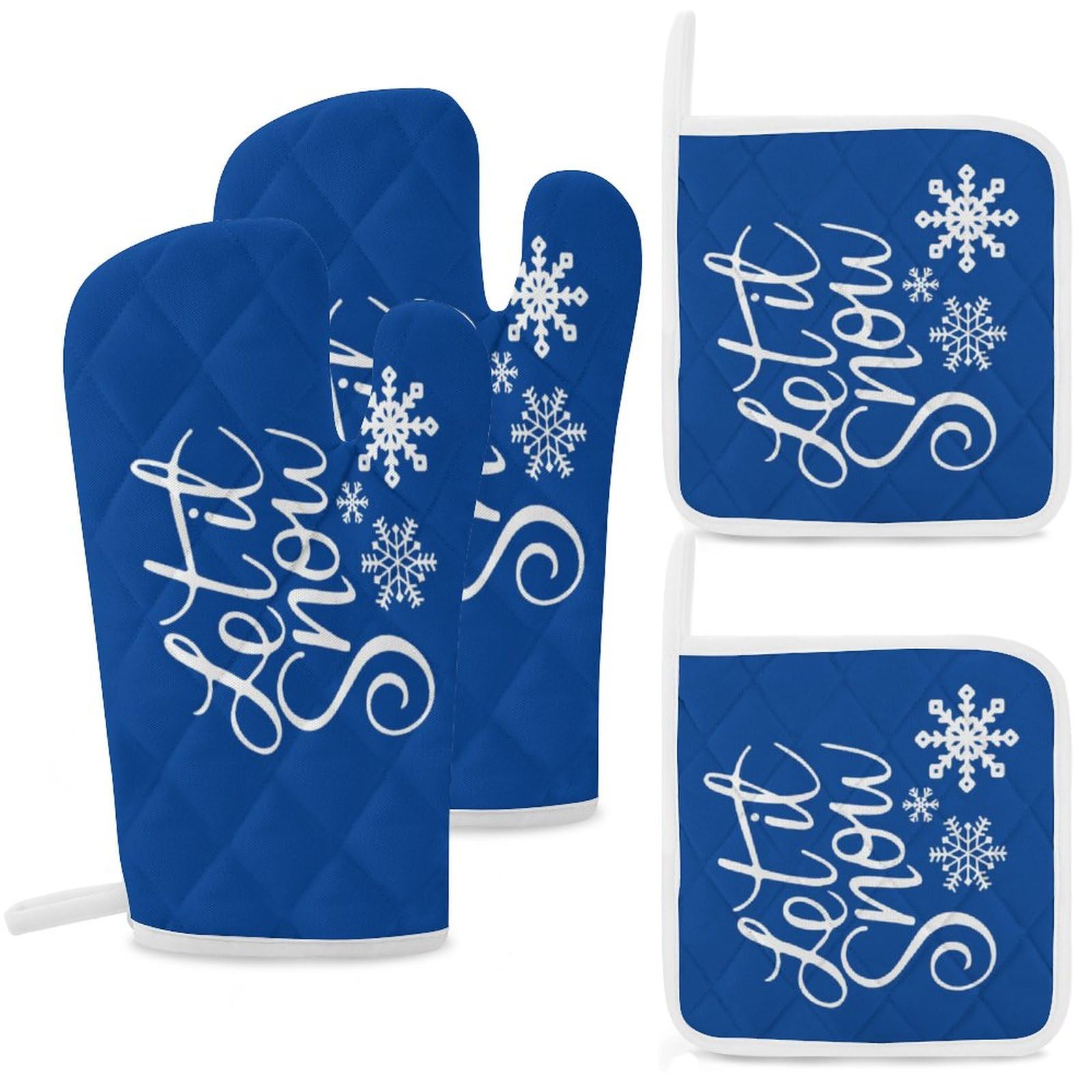 4PCS Oven Mitts and Pot Holders Sets, Blue and White Christmas Snowflake Oven Mitts Set Heat Resistant Kitchen Microwave Gloves Safe for Baking,Cooking, BBQ