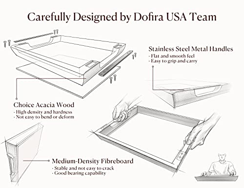 Dofira Acacia Wood Serving Tray with Metal Handles, 17x13in Food Drinks Tray for Coffee Table, Breakfast, Dinner & Bar, Rustic Decorative Storage Tray for Ottoman, Kitchen, Bedroom (Gift Packaging)