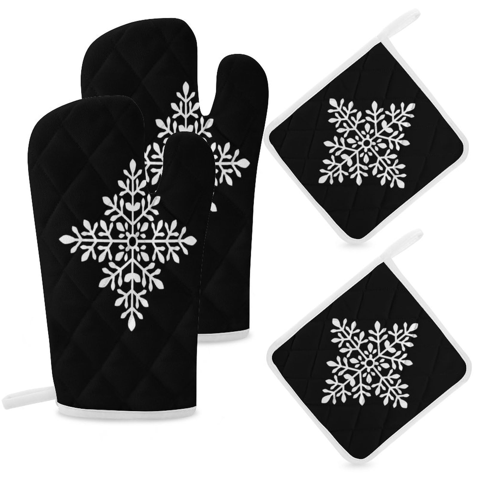 4PCS Oven Mitts and Pot Holders Sets, White Christmas Snowflake Black Oven Mitts Set Heat Resistant Kitchen Microwave Gloves Safe for Baking,Cooking, BBQ