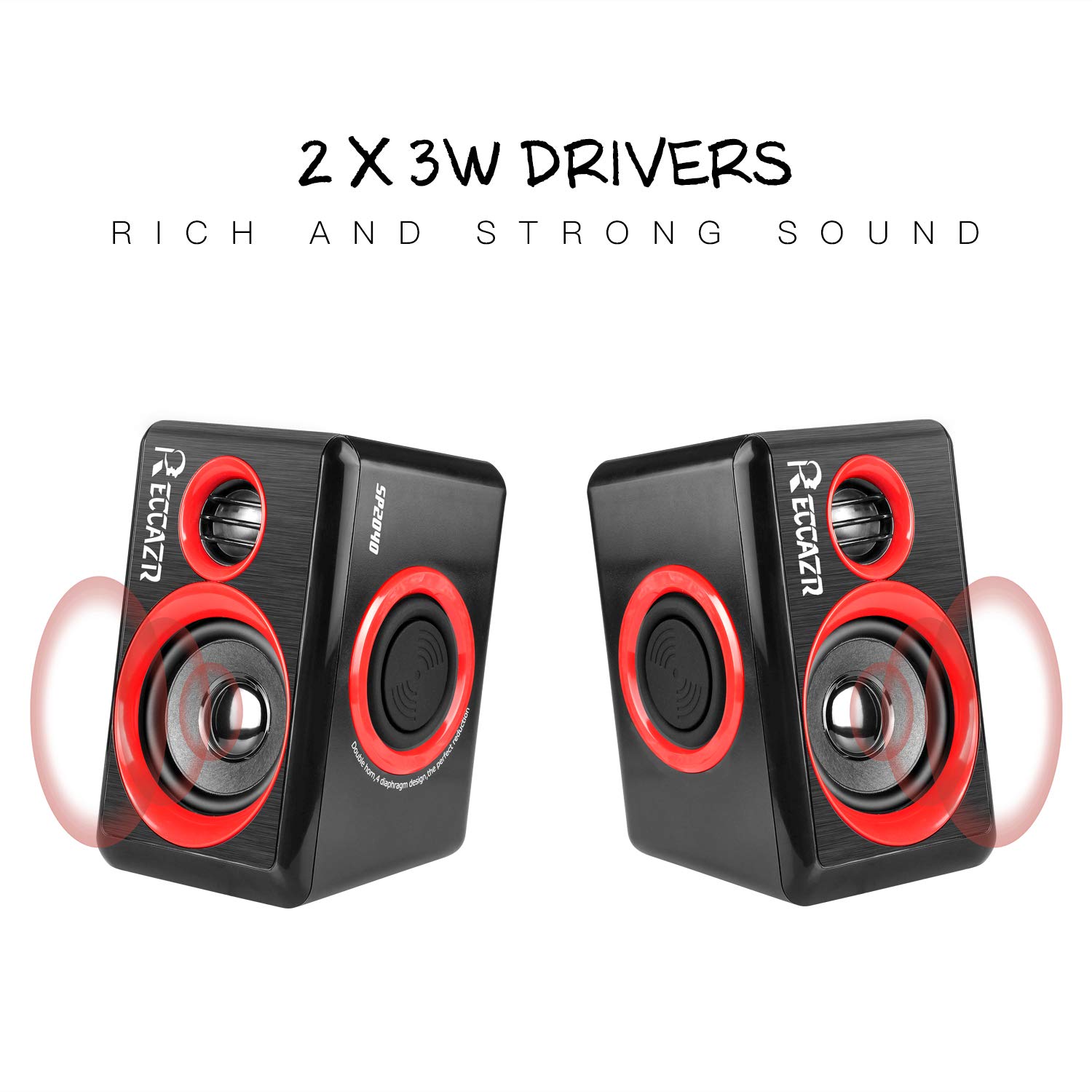 Computer Speakers, 2.0 CH PC Speakers with Surround Sound, USB Wired Laptop Speakers with Deep Bass for Desktop Computer/PC/Laptops/Smart Phone Build-in 4 Loudspeaker Diaphragm Reccazr SP2040|RED