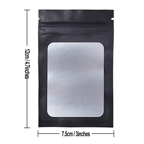 STUs 100 Pack Smell Proof Bags - 3 x 4.7 Inch Resealable Mylar Bags with Clear Window Foil Pouch Bag Flat Bag Matte Black