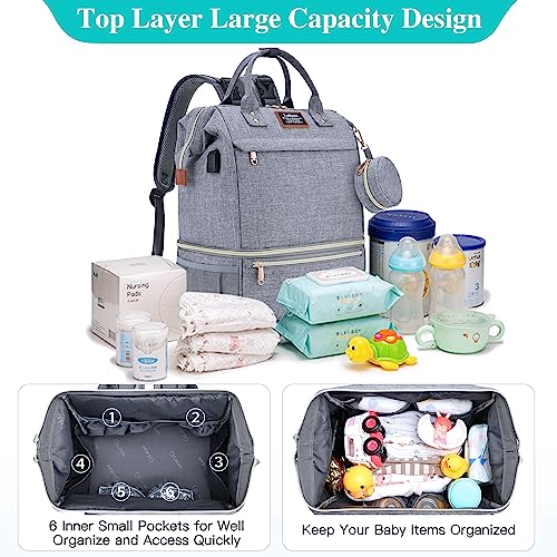 Breast Pump Backpack with Pacifier Case, Cooler & Moistureproof Diaper Bag Backpack Tote Bag with USB Charging Port & Headphone, Double Layer Stroller Straps Multipurpose Backpack for Working Mothers