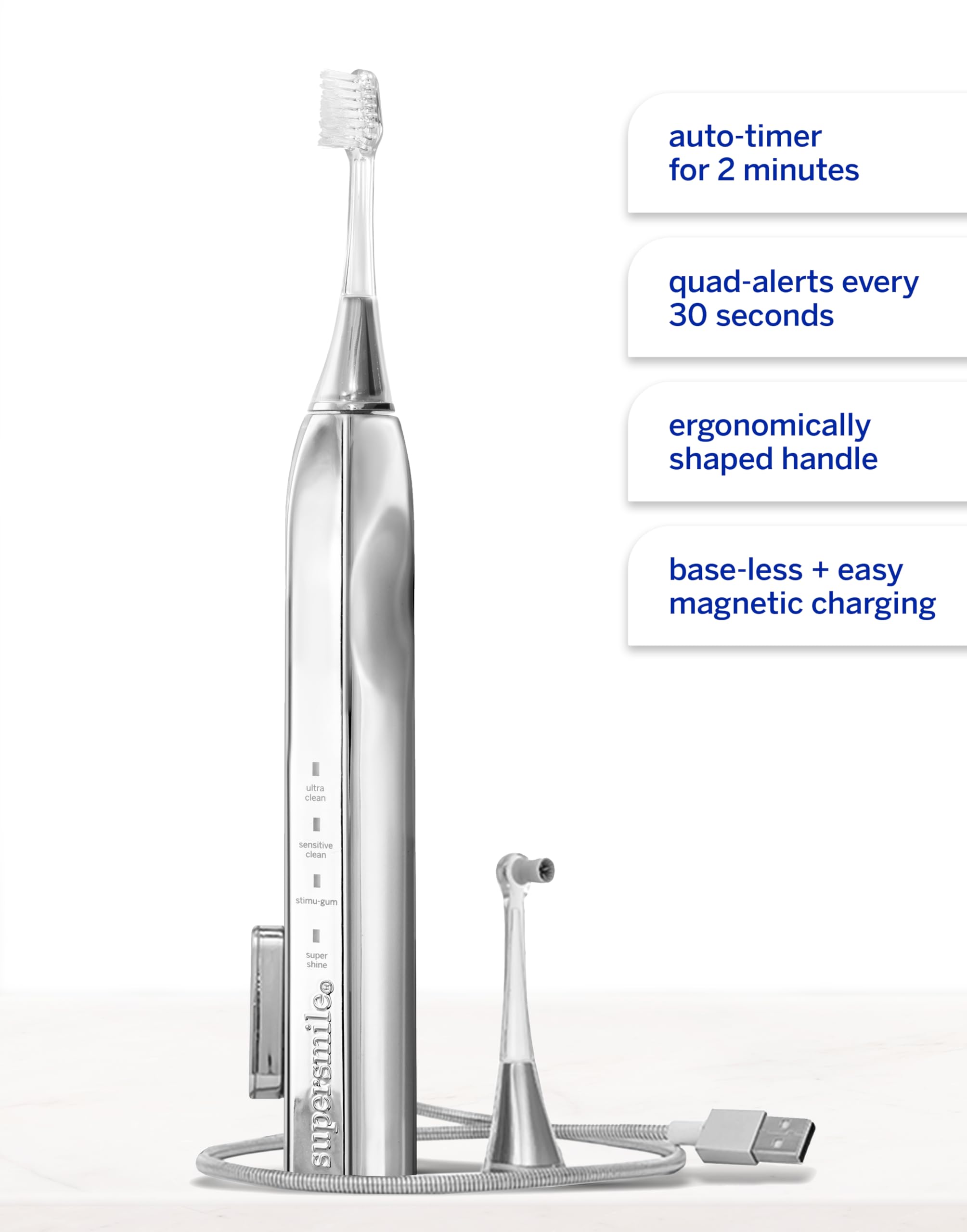 Supersmile Zina45 Deluxe Sonic Pulse Electric Toothbrush, Rechargeable Whitening Tooth Brush, Silver