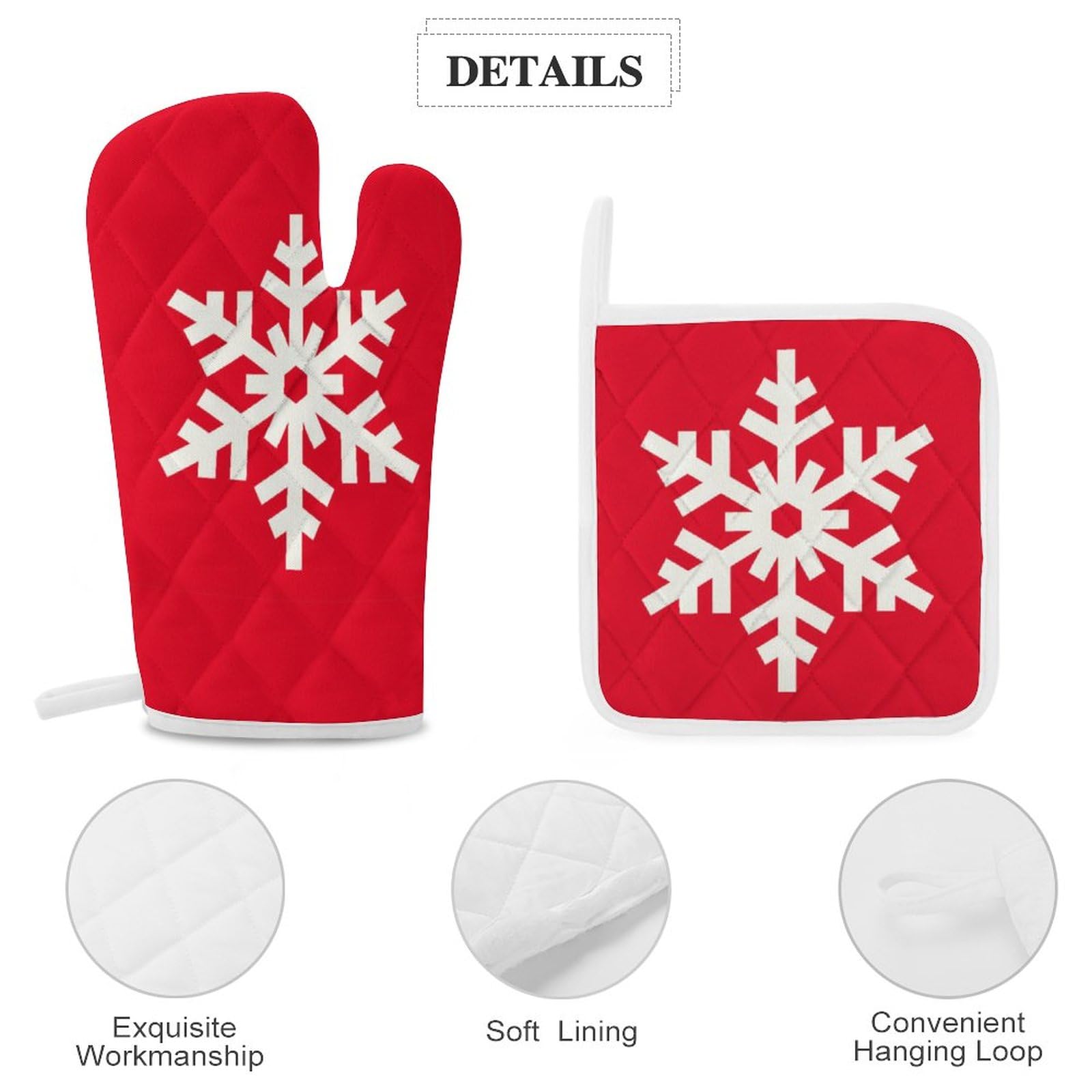 4PCS Oven Mitts and Pot Holders Sets, Red and White Snowflakes Oven Mitts Set Heat Resistant Kitchen Microwave Gloves Safe for Baking,Cooking, BBQ