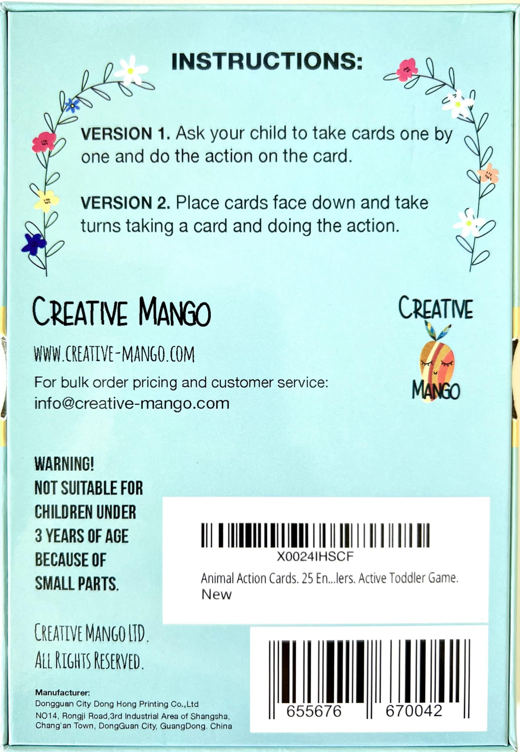 Creative Mango. Animal Action Cards. 25 Engaging Cards. Card Game for Toddlers. Active Toddler Game. 4"x6".