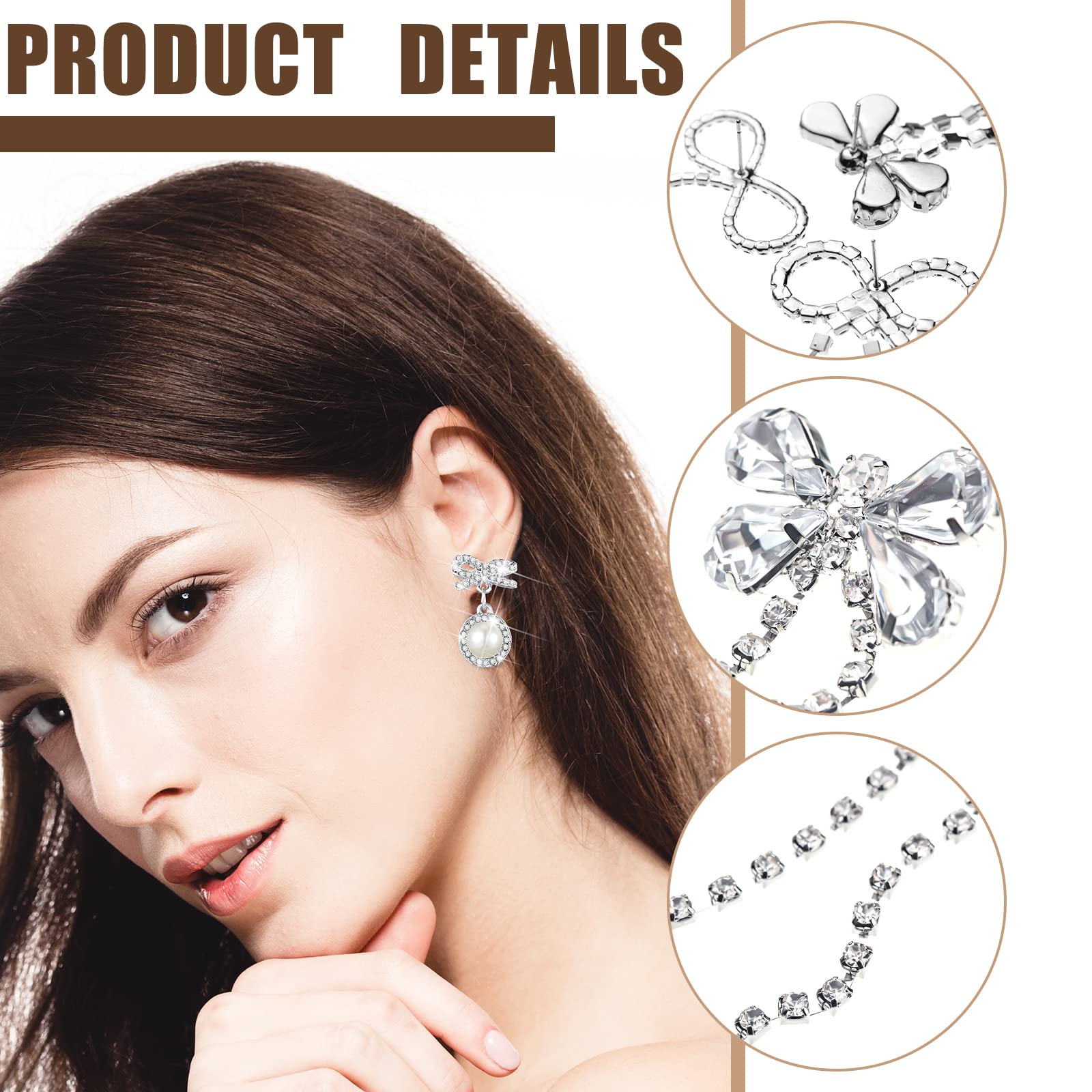 9 Pairs Silver Bow Earrings Rhinestone Bow Drop Earrings for Women Silver Crystal Drop Earrings Pearl Bow Dangle Earrings for Wedding Anniversary Party