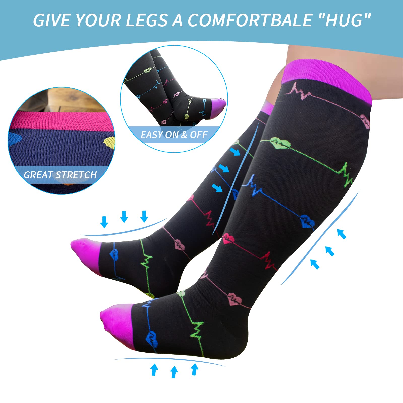 3 Pairs Plus Size Compression Socks for Women & Men, Wide Calf Compression Socks 15-20 mmHg for Running, Nurses
