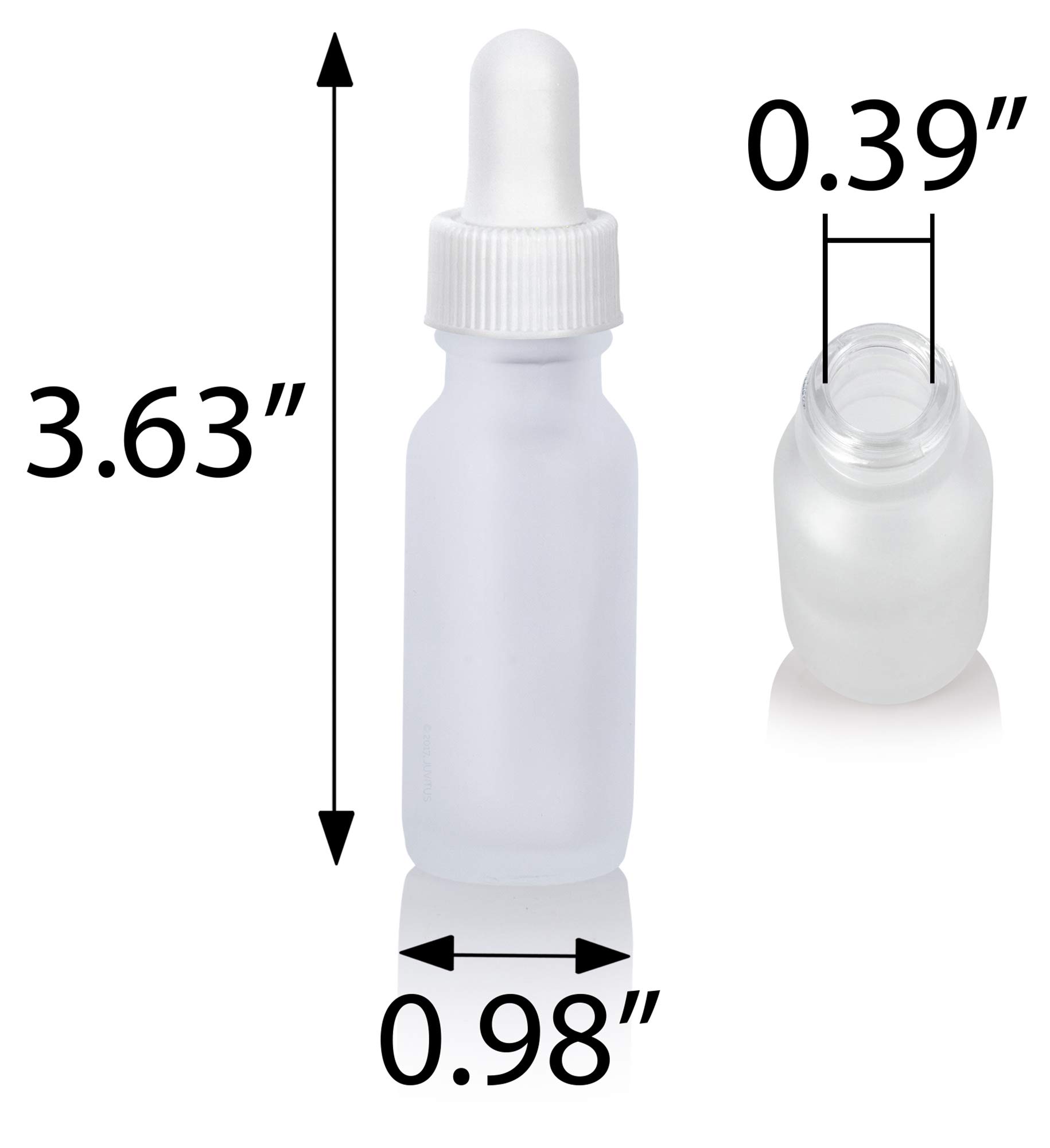 JUVITUS 0.5 oz / 15 ml Frosted Clear Glass Thick Wall Boston Round Bottle with White Dropper (24 Pack) + Funnel