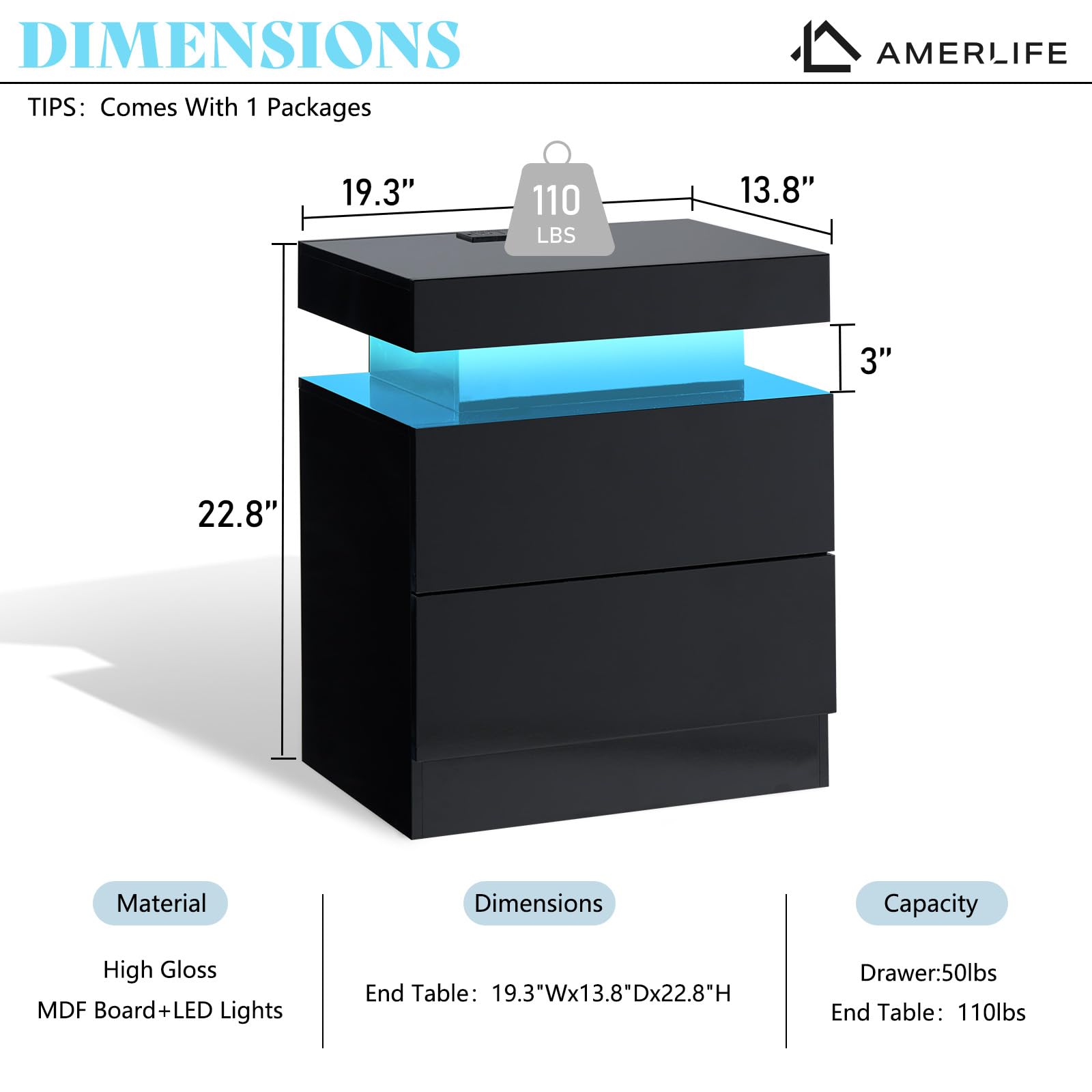 AMERLIFE High Gloss LED Nightstand Set of 2 with Charging Station, Modern Bedside Table Night Stand with LED Lights, Sofa End Side Tables with Drawers for Bedroom, Black