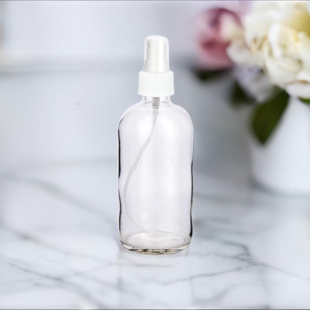 JUVITUS 8 oz Clear Boston Round Thick Plated Glass Bottle with White Fine Mist Spray (2 Pack)