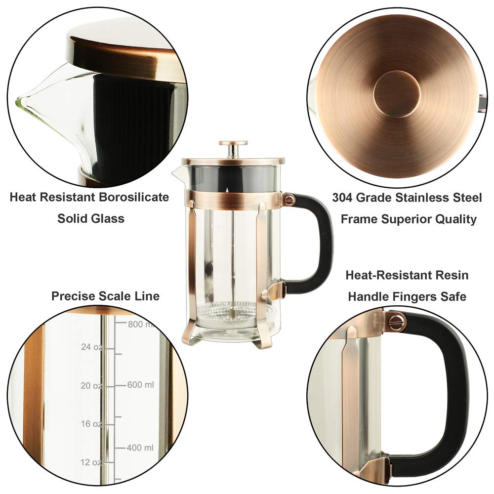 ADAMITA French Press Coffee Maker 8 cups 34 oz 304 Stainless Steel Coffee Press with 4 Filter Screens, Easy Clean Heat Resistant Borosilicate Glass - Free 100% BPA (A-Style-Copper-3A, 34 oz)