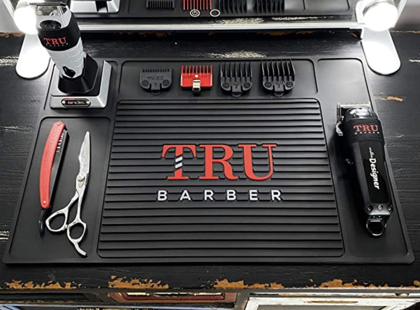 TRU BARBER Organizer Mat 18" X 13” (BLACK) Flexible PVC Station Mat, Salon Barbershop work station pads, Beauty salon tools, Counter mat for clippers, anti slip
