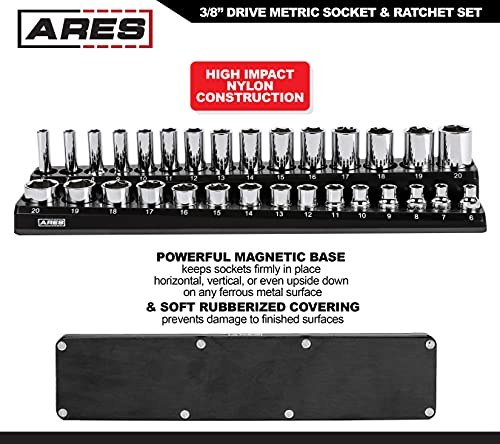 ARES 47004-32-Piece 3/8-inch Drive Metric Socket and 90-Tooth Ratchet Set with Magnetic Organizer - Sizes 6mm to 20mm Deep and Shallow Sockets