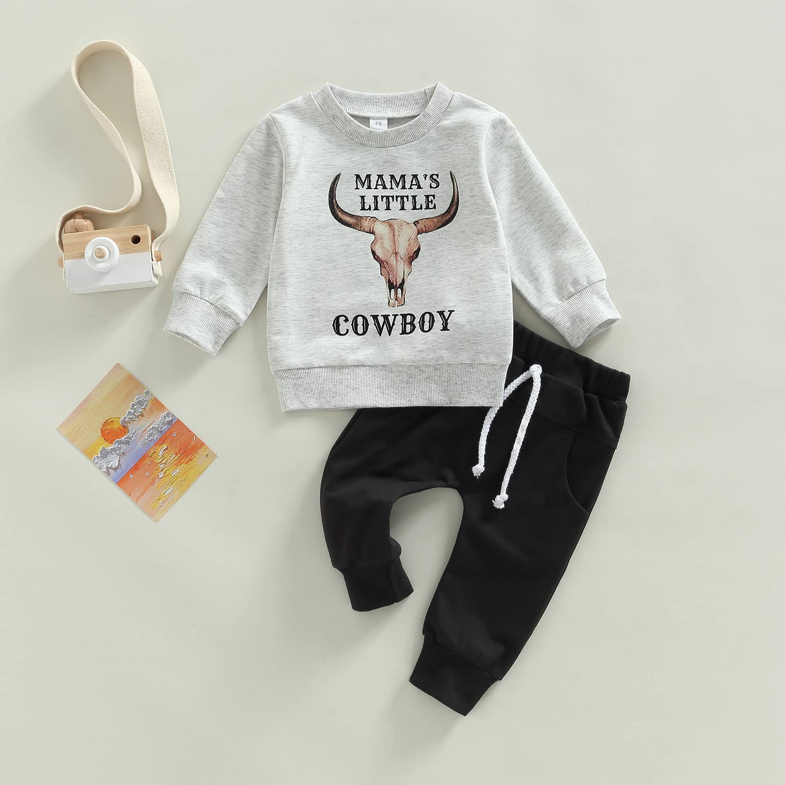 AEEMCEM Western Baby Boy Clothes Cow Print Sweatshirt Pullover Top Jogger Pants Set 2Pcs Toddler Boy Fall Winter Outfits (Mama's Little Cowboy, 12-18 Months)
