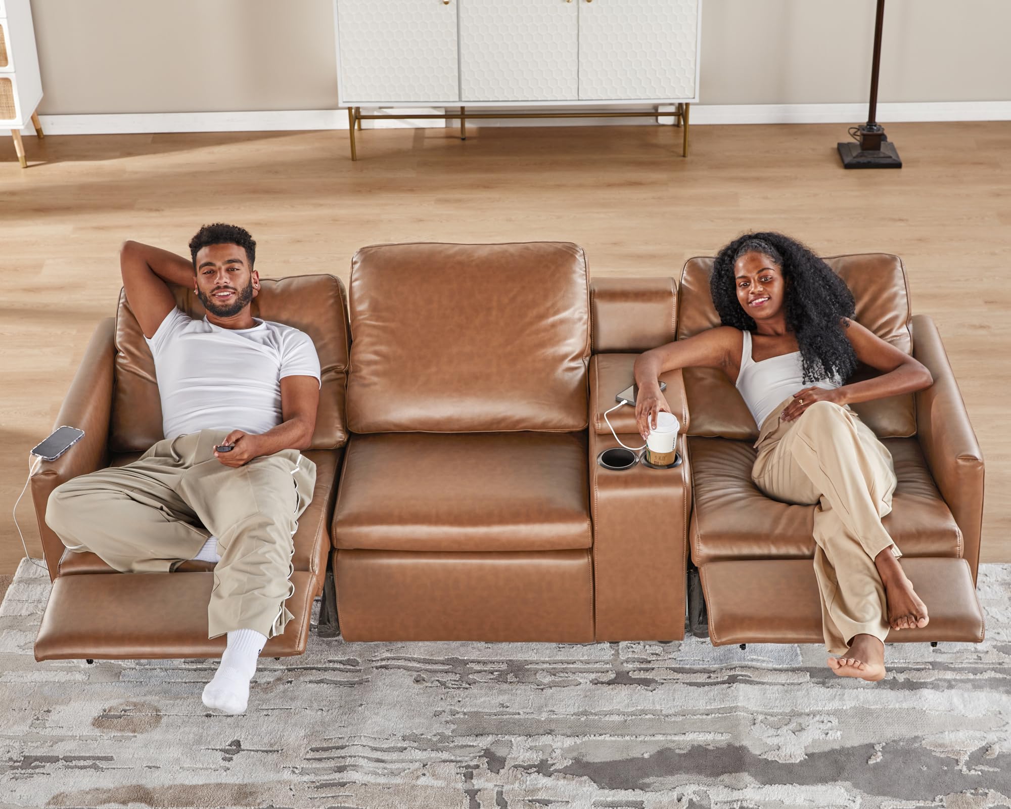 AMERLIFE Power Recliner, Reclining Sectional Couch with Console & Dual Recliner, 6 Seats Leather Modular Sofa with Cup Holder& Charging Socket, L Shaped Couch for Living Room