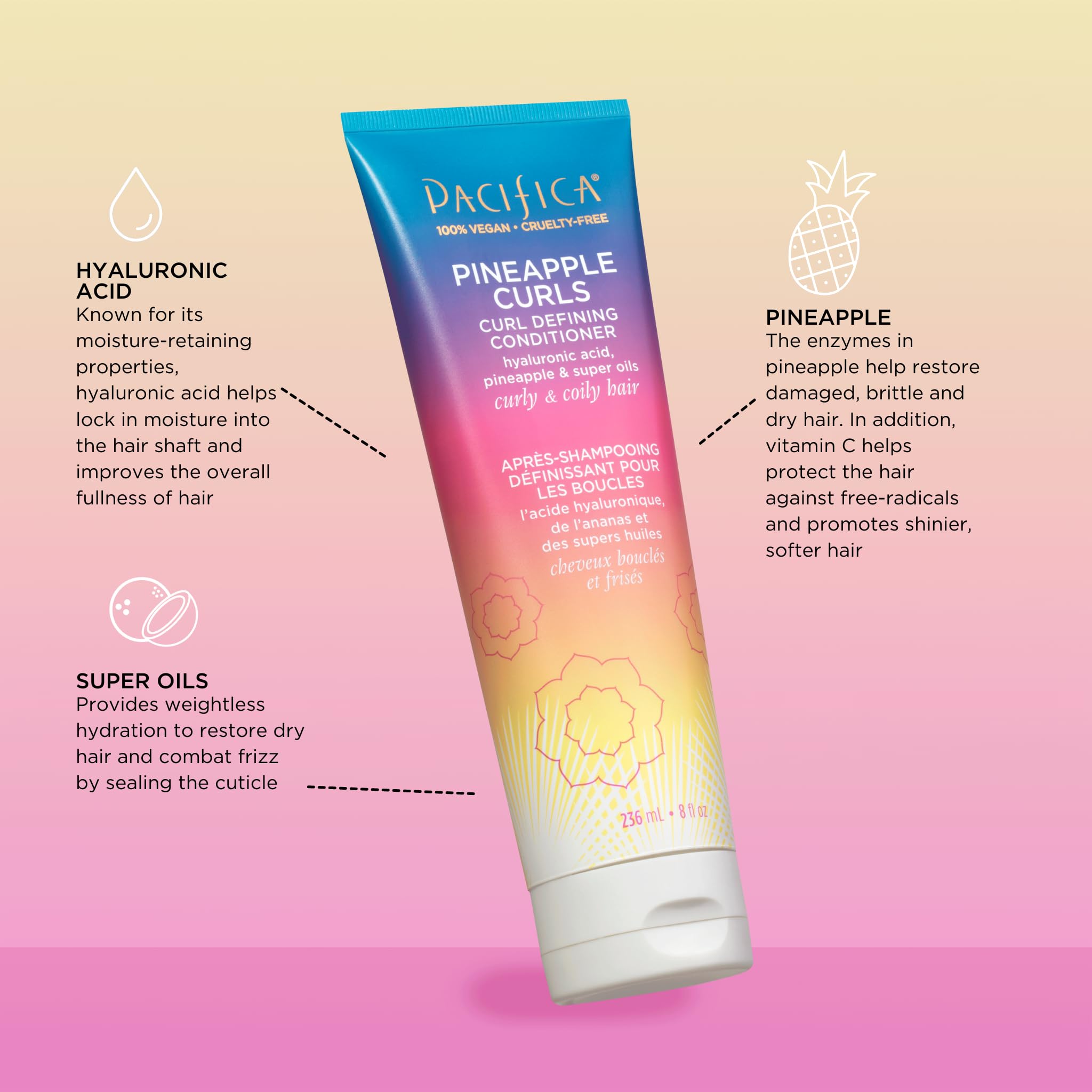 Pacifica Beauty, Pineapple Curls Defining Natural Conditioner, For Curly, Coily and Textured Hair Types, Pineapple Scent, Sulfate Free and Silicone Free, 100% Vegan and Cruelty Free