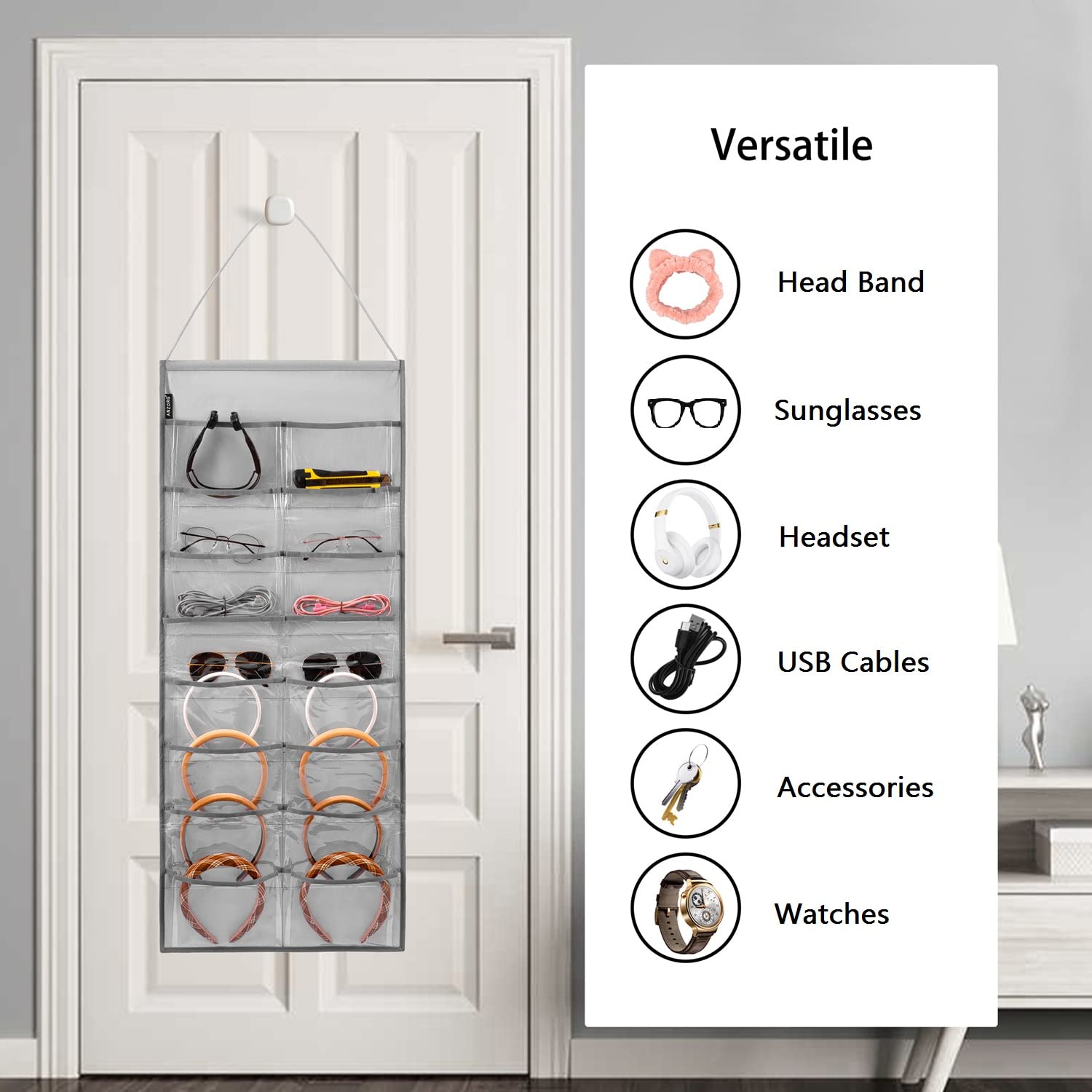 ANZORG Wall Hanging Headband Organizer Ribbon Hair Hoops Storage Hairbands Hair Accessory Holder with Clear Pockets (GREY-16 POCKETS)