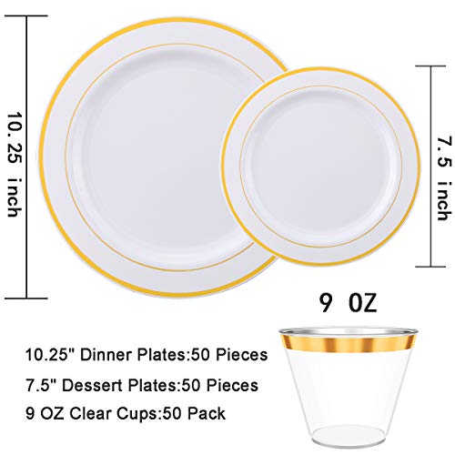 WELLIFE 350 Pieces Gold Plastic Plates with Disposable Silverware and Cups, Include: 50 Dinner Plates 10.25”, 50 Dessert Plates 7.5”, 50 Gold Rim Cups 9 OZ, 50 Gold Cutlery