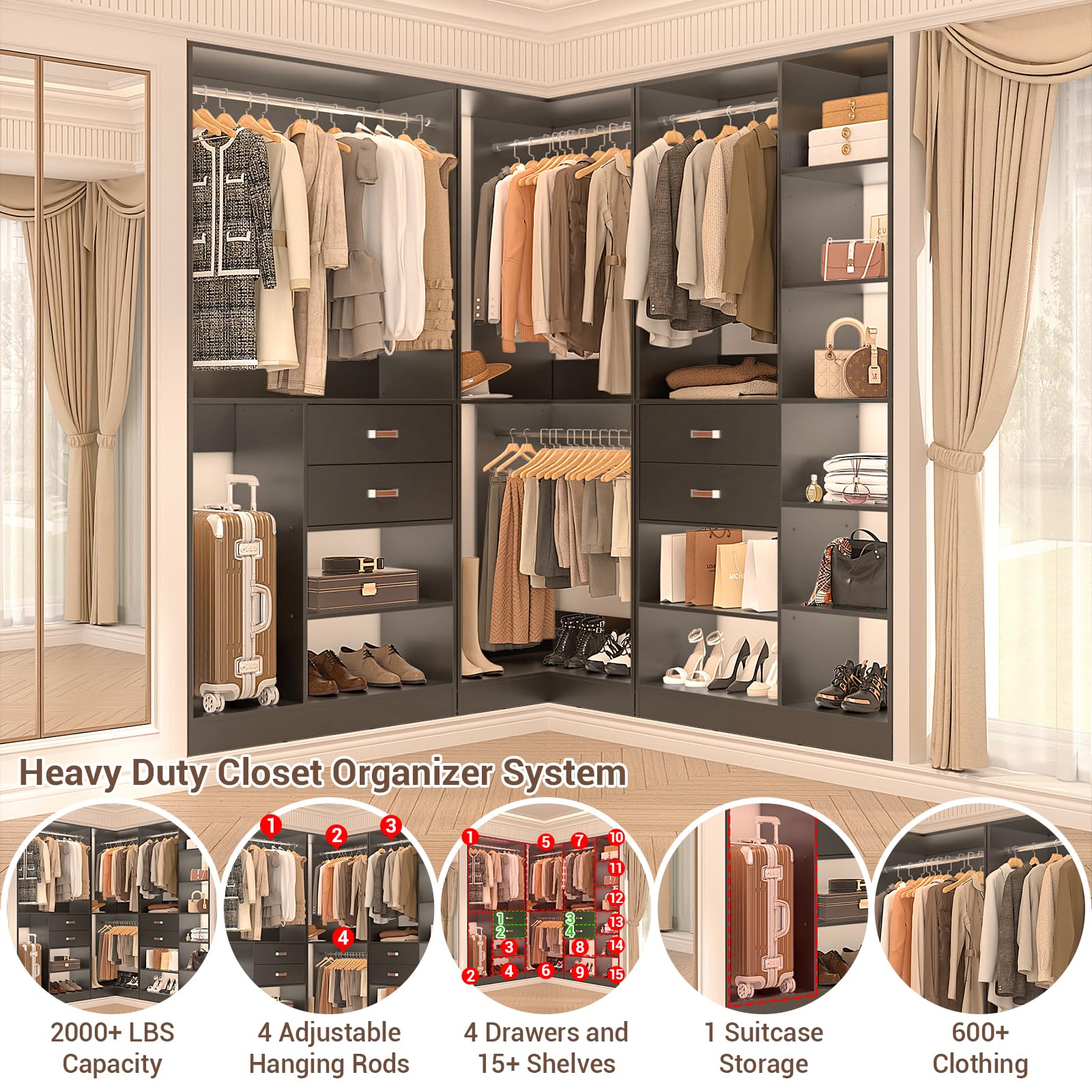 armocity Freestanding Closet System with 3 Sets, 110'' Reversible Stand-alone Wardrobe, 80'' Height Cloth Garment Organizer, Walk-in Closet with Hanging Rod, 71" Lx71 Wx80 H, Load 2500 LBS, White Oak