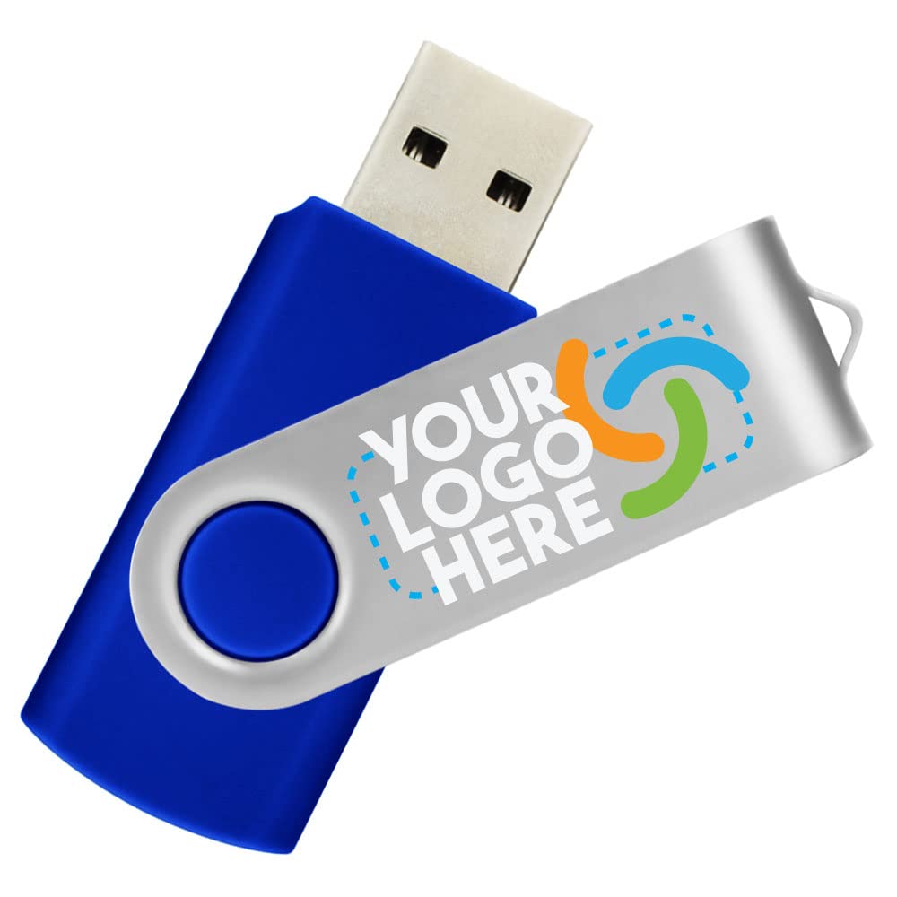 8GB Custom USB Flash Drives Personalized with Your Logo - for Promotional Use - Swivel - Blue Body/Silver Clip - 50 Pack