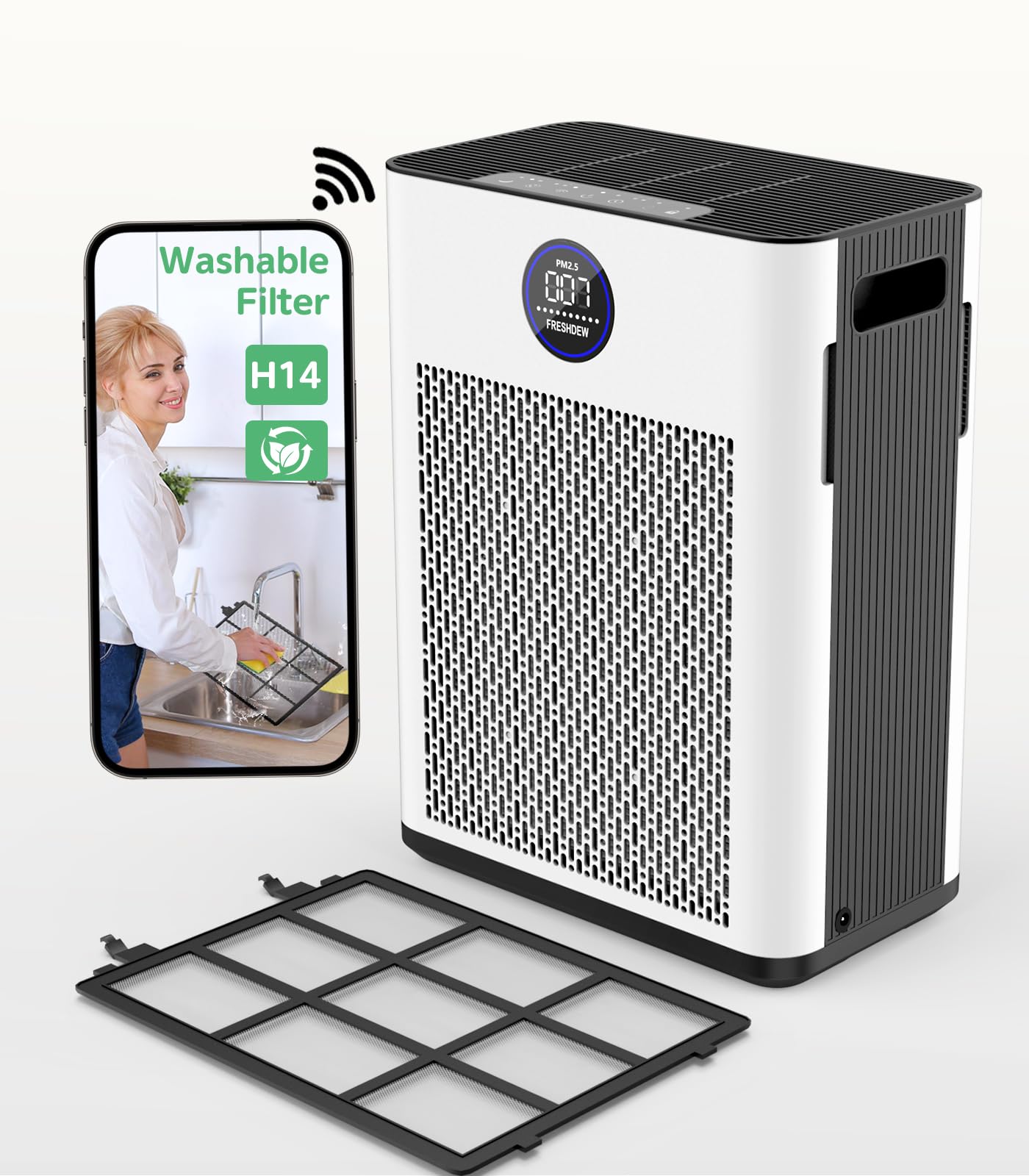 Air Purifier,FRESHDEW Air Purifiers for Home Up to 2300ft² With Smart WiFi,Air Sensors,Double-sided Air Inlet,H14 True HEPA Air Washable Filters,Odor,Smoke,Dust,Pollen,Pet Dander with Timer 22dB