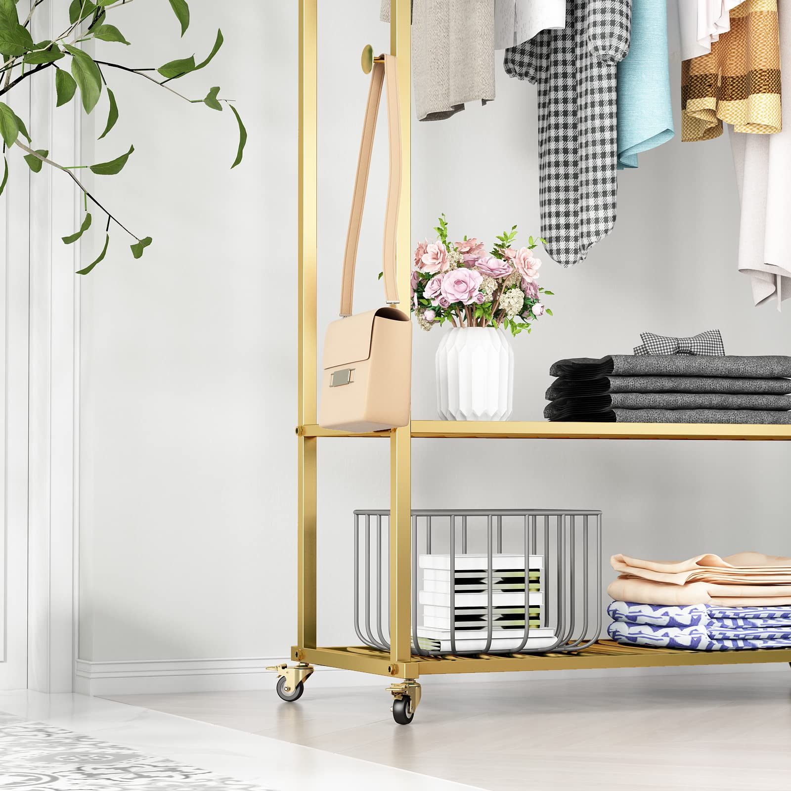 Gold Clothing Rack on Wheels Modern Display Rack with 2-tier Shelf Metal Hanging Rack Gold Clothes Rack for Boutique, Retail or Home (gold)