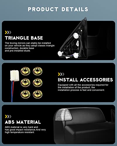 OCPTY Tow Mirrors Power Heated Left Driver Right Passenger Side Towing Mirrors Fit for 2009-2010 for DODGE for Ram 1500 2011-2016 for Ram 1500 2500 3500 with Turn Signal Puddle Light with Black