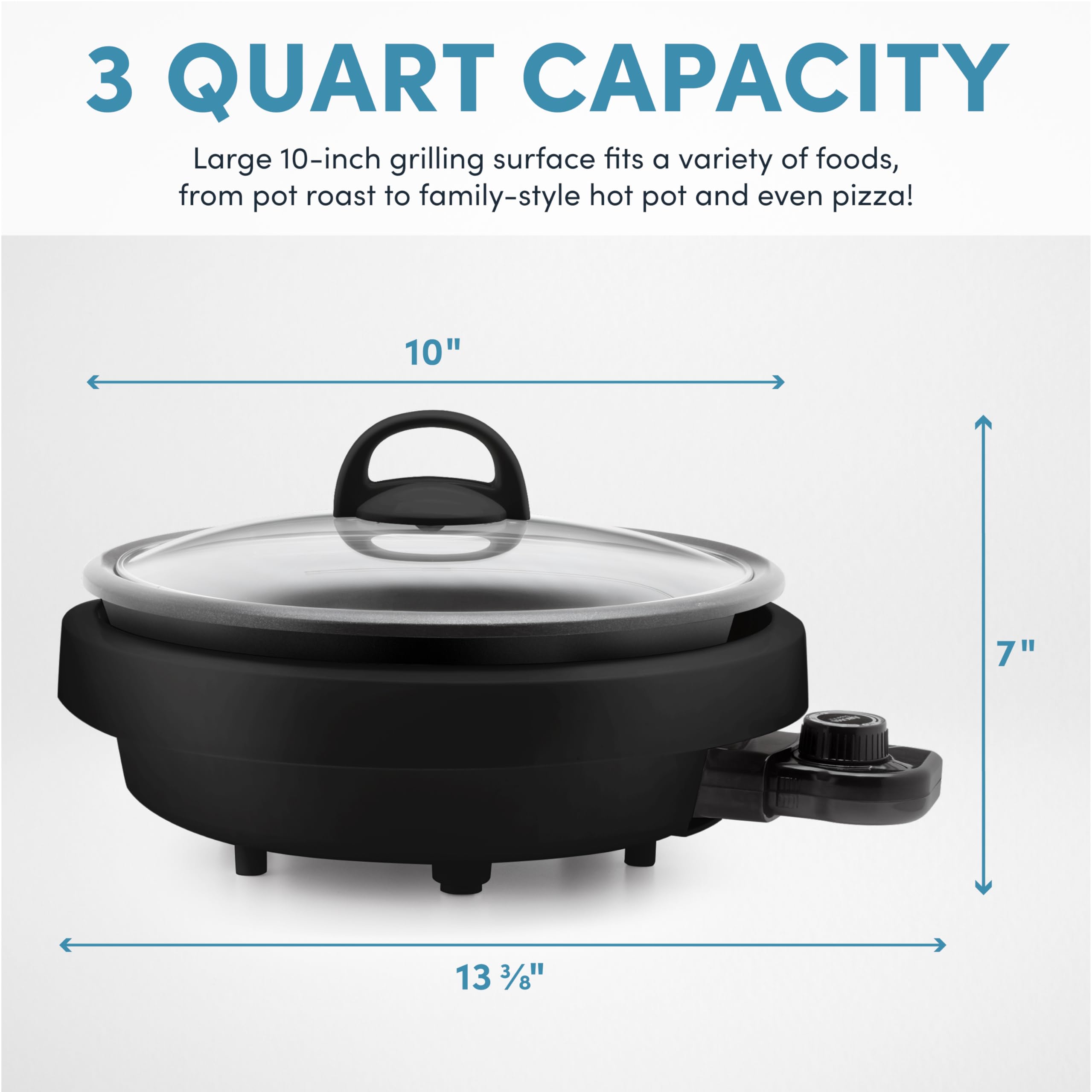 Aroma Housewares ASP-137B Grillet 3Qt. 3-in-1 Cool-Touch Electric Indoor Grill Portable, Dishwasher Safe, with 10 in. Nonstick Pan & Tempered Glass Lid, Black