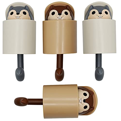 Maydahui 4PCS Squirrel Shaped Adhesive Wall Hook Cute Cartoon Animal Wall Hooks for Kids Room Living Room Bedroom Home Decoration