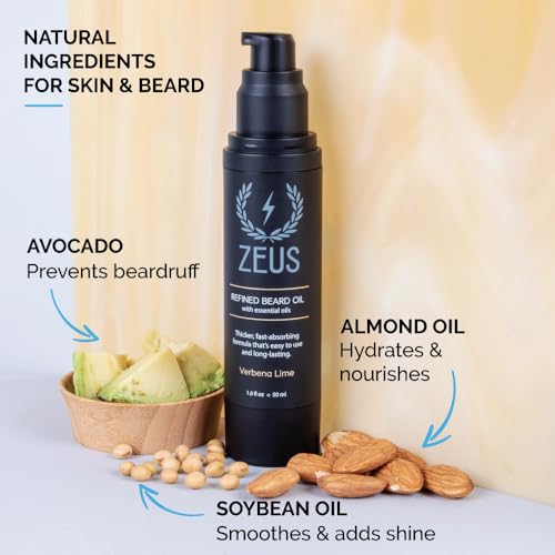 ZEUS Refined Beard Oil, Long Lasting, Thick & Fast Absorbing Oil, Leave In Beard Conditioner – MADE IN USA (Verbena Lime) 2 oz.