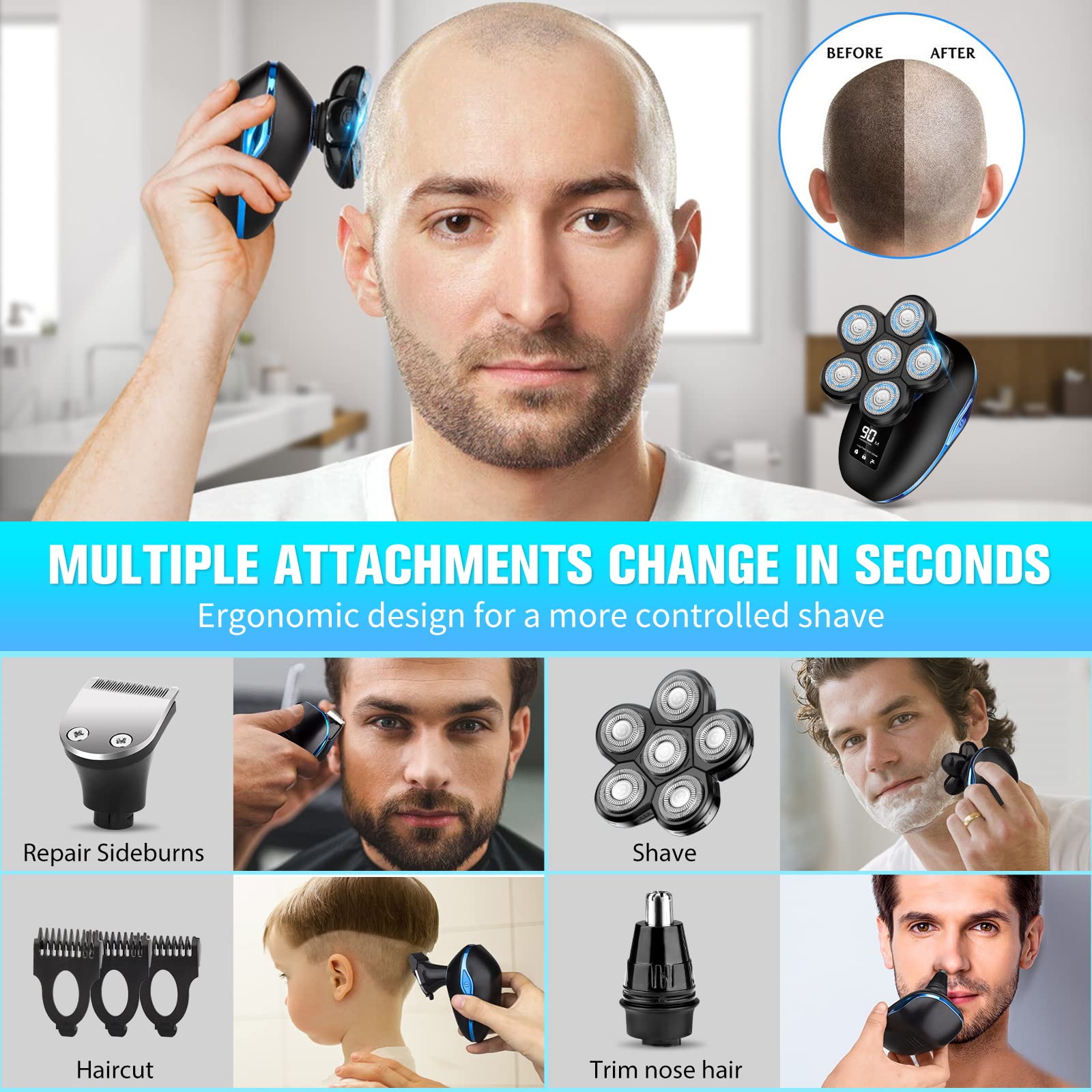 6 in 1 Electric Rotary Shaver for Bald Men - Cordless Wet/Dry IPX7 Waterproof with LED Display and Shaver Kit