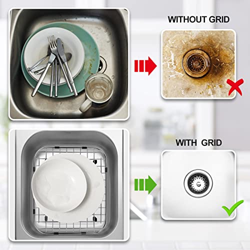 ARLBA 2Pack 304 Stainless Steel Sink Protector for Double Kitchen Sink Rear Drain,(13"x16"& 11.26"x14.5") Metal Sink Grid Sink Grate Sink Rack for Bottom of Kitchen Sink w/Sink Strainers Rubber feet