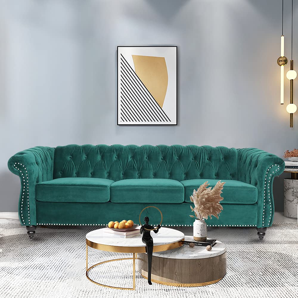 PHOYAL Large Sofa, Velvet Sofa Three-seat Sofa Classic Tufted Chesterfield Settee Sofa Modern 3 Seater Couch Furniture Tufted Back for Living Room (Green)