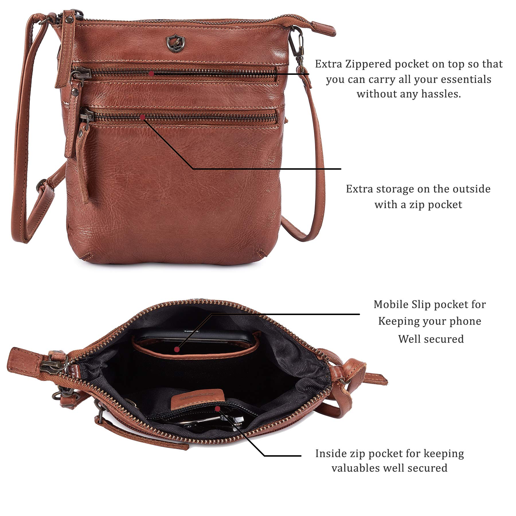 Crossbody Sling Bag for Women Small Real Leather Purse Vintage Travel Crossover Shoulder Bag Handmade (Cognac Washed Vintage)