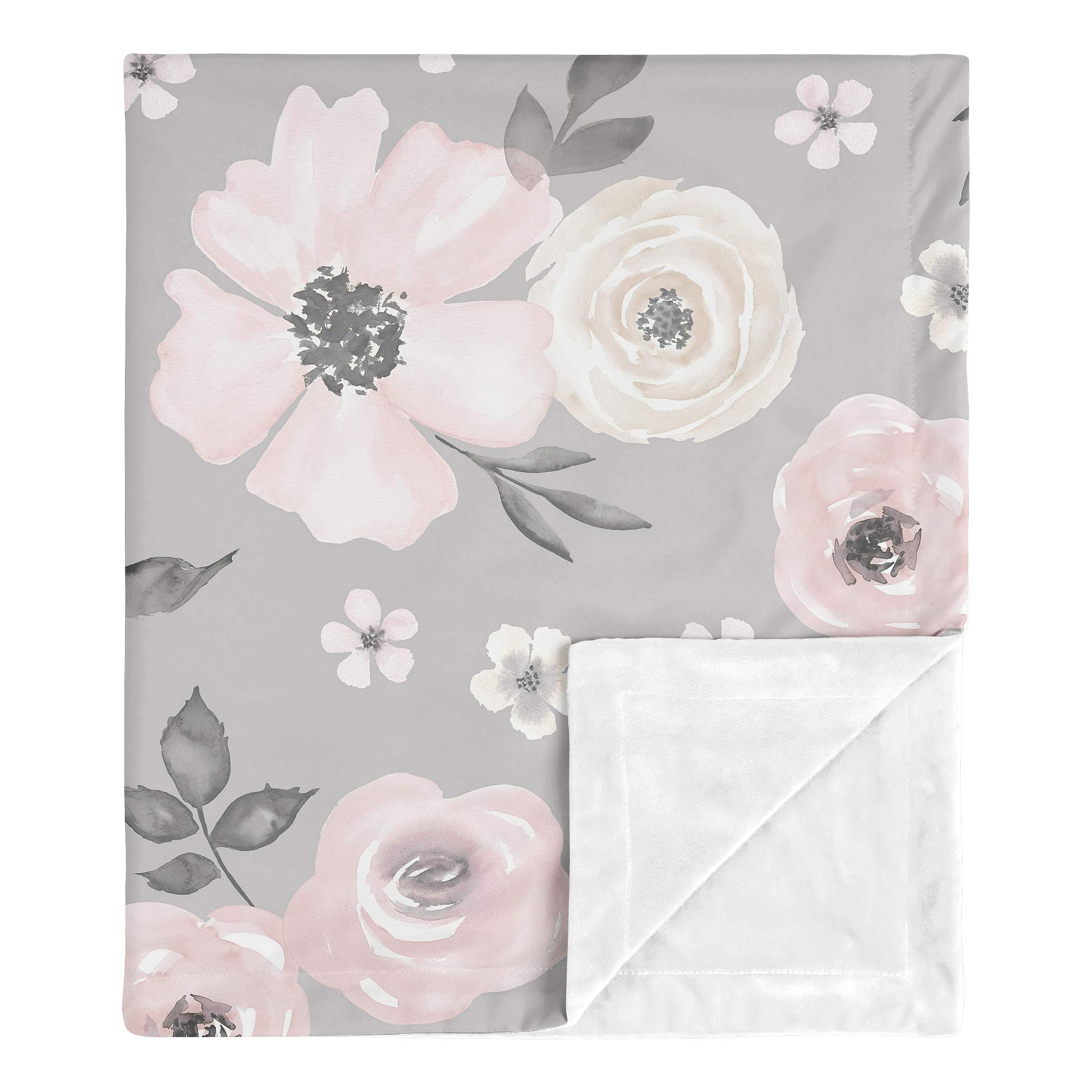 Sweet Jojo Designs Grey Watercolor Floral Baby Girl Blanket Receiving Security Swaddle for Newborn Toddler Nursery Car Seat Stroller Minky - Blush Pink Gray White Shabby Chic Rose Flower Farmhouse