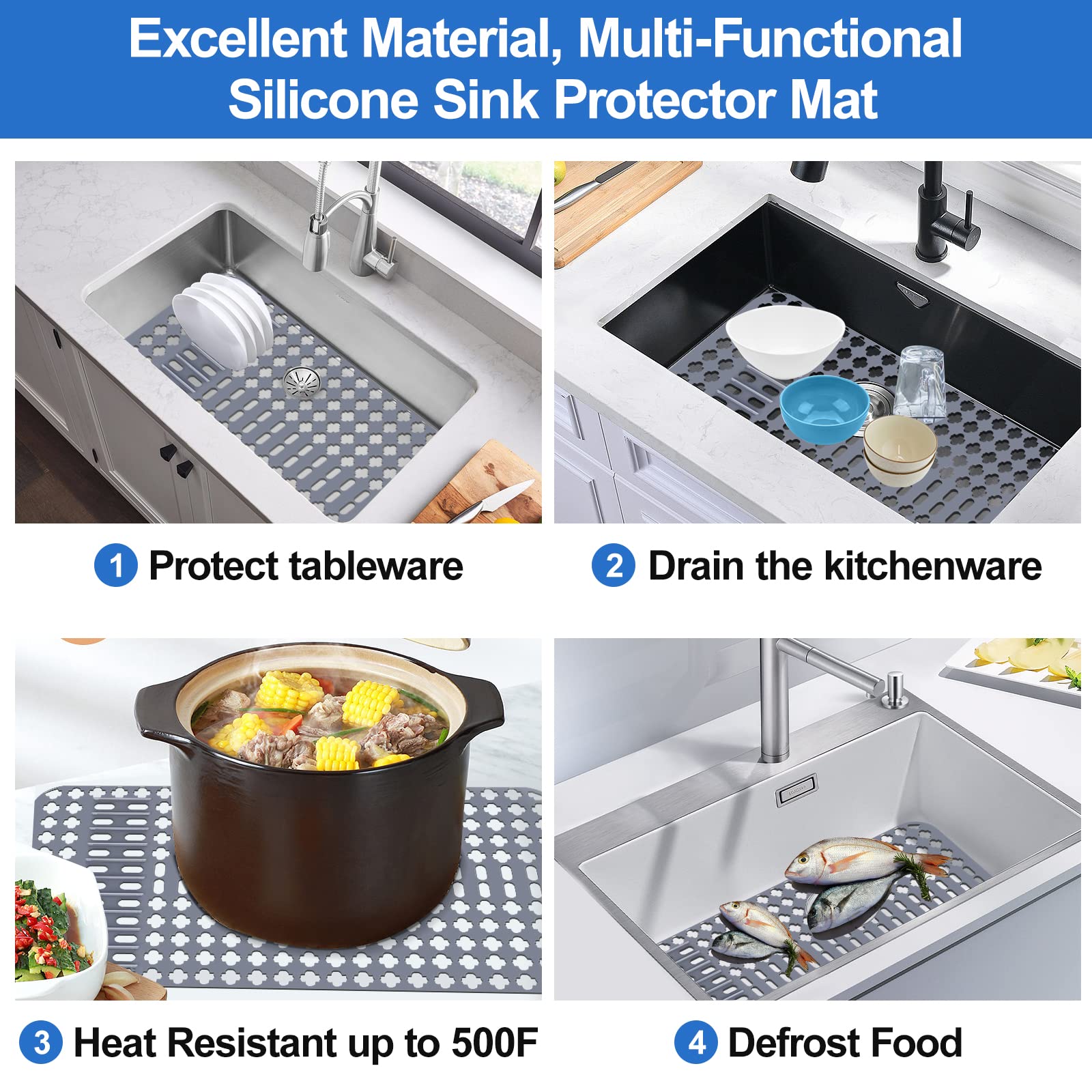 ARLBA Upgraded Silicone Kitchen Sink Mat 25"x13",Sink Protectors for Kitchen Sink with Rear Drain/Center Drain,Sink Bottom Grid Protection Sink Rack For Farmhouse Stainless Steel/Porcelain Sink