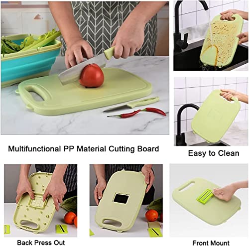 AJH3 ESSENTIALS 9-in-1 Collapsible Cutting Board with Colander and Prep Tub: The Ultimate Meal Prep Station for Any Occasion (Blue/Green)