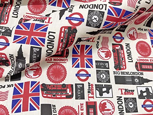 AMORNPHAN 45 Inch London British Big Ben Bus Great England United Kingdom UK England Flag Country Printed Cotton Fabric for Patchwork Needlework DIY Handmade Sewing Crafting Home Decoration For 1 Yard