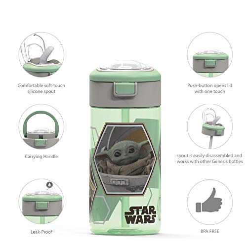 Zak Designs Star Wars The Mandalorian Durable Plastic Water Bottle with Interchangeable Lid and Built-In Carry Handle, Non-BPA, Leak-Proof Design is Perfect for Outdoor Sports (The Child, 18oz, 1PC)