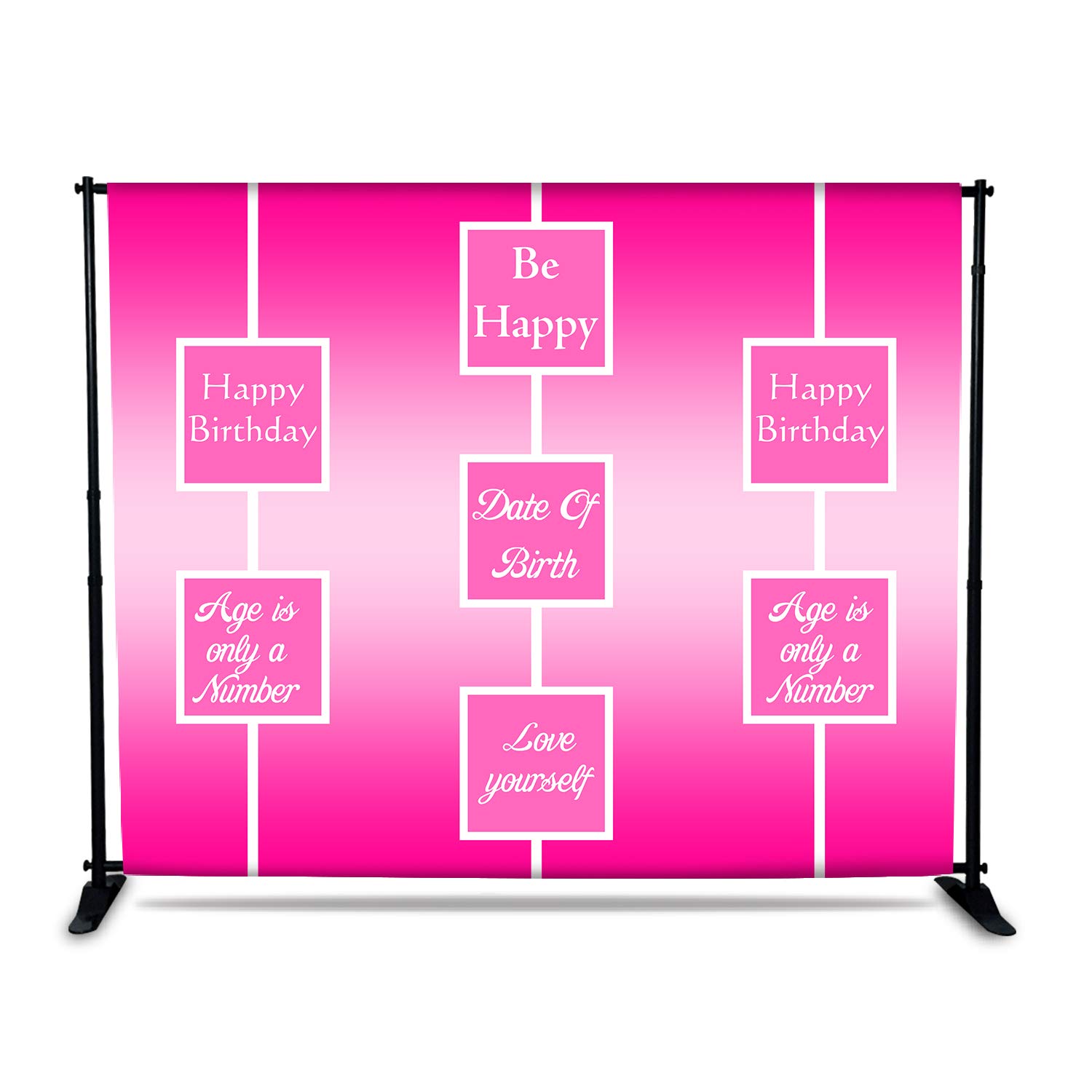 BannerBuzz Happy Birthday Age is Only a Number Step and Repeat Banner, Graphic with Hardware, 11 oz. PVC Flex, 720 DPI Eco-Solvent Printing, for Events and Parties, Photography Background (8'W x 6'H)