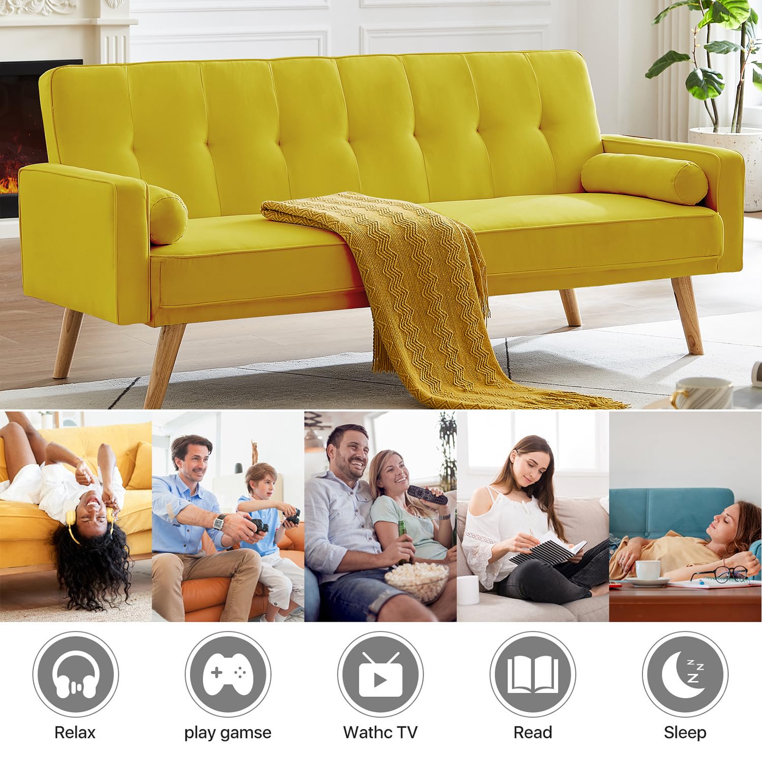 Anwickmak Yellow Velvet Couch, Small Sleeper Sofa Love Seat Includes 2 Pillows, 58" Tufted Loveseat Sofa, 4 Golden Metal Legs, Mid Century Modern Sofas for Living Room and Bedroom (Yellow)