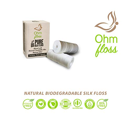 Ohm Earth’s Ohm Floss Refill – Natural Biodegradable Silk Dental Floss for Refillable Bamboo/Steel Holder, Natural Candelilla Wax, 100% Compostable, Eco Oral Care, 110 yds/100m (2-Pack) Natural Mint