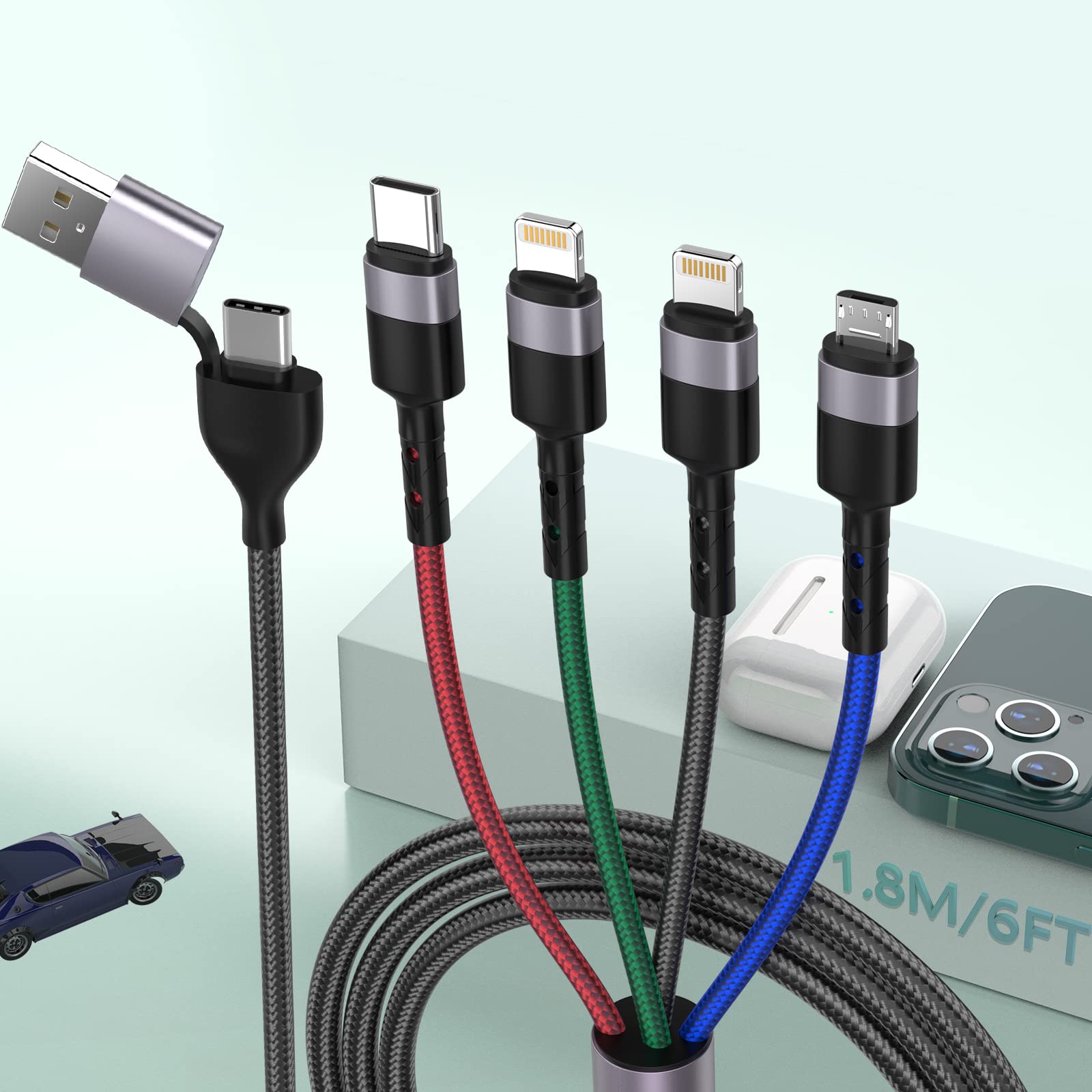 6 in 1 Multi Universal 1.8M/6Ft Phone Charging Cable,USB A/Type C to Lightning*2+Type C+Micro USB Nylon Braided Sync Charger Cord Adapter for Android/iPhone/iOS/Samsung/Huawei-Uber Signs for Car