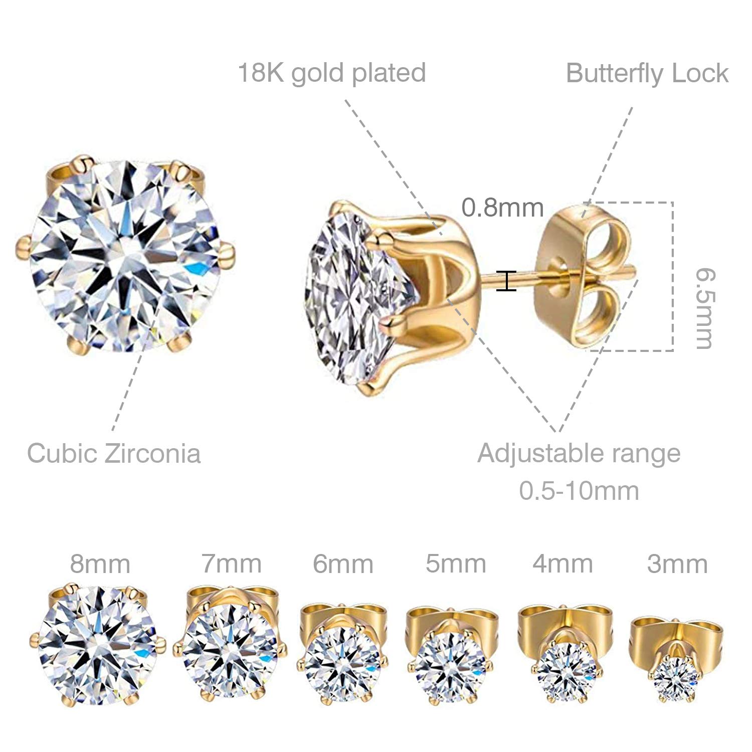 6 Pairs Graduated CZ Stud Earrings,18K Yellow Gold Plated Round Cubic Zirconia Stud Earrings for Women Pack of 6