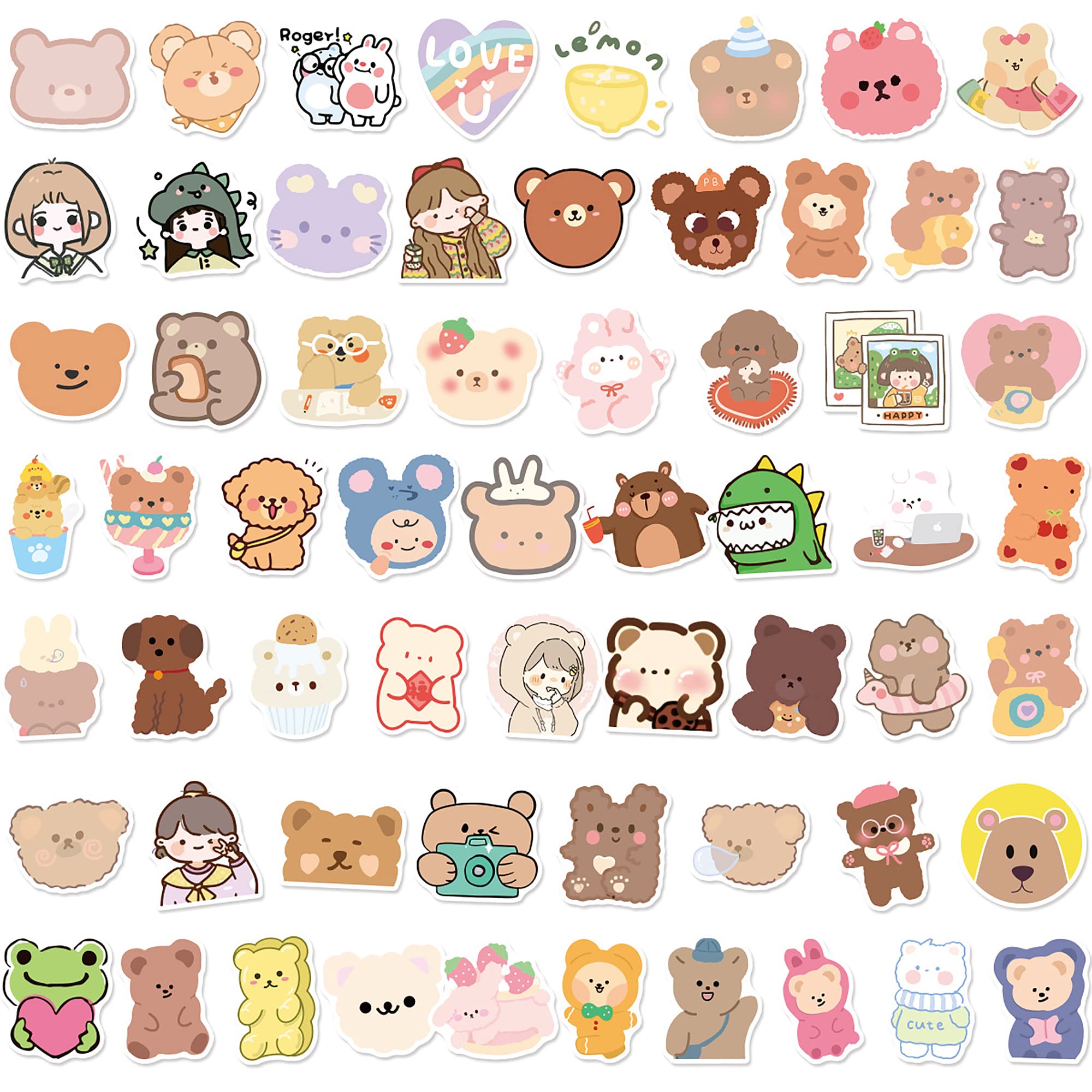 60 Pcs Cute Cartoon Bear Stickers Kawaii Waterproof Decal Decorative Aesthetic Phone Laptop Cups Scrapbook Decor